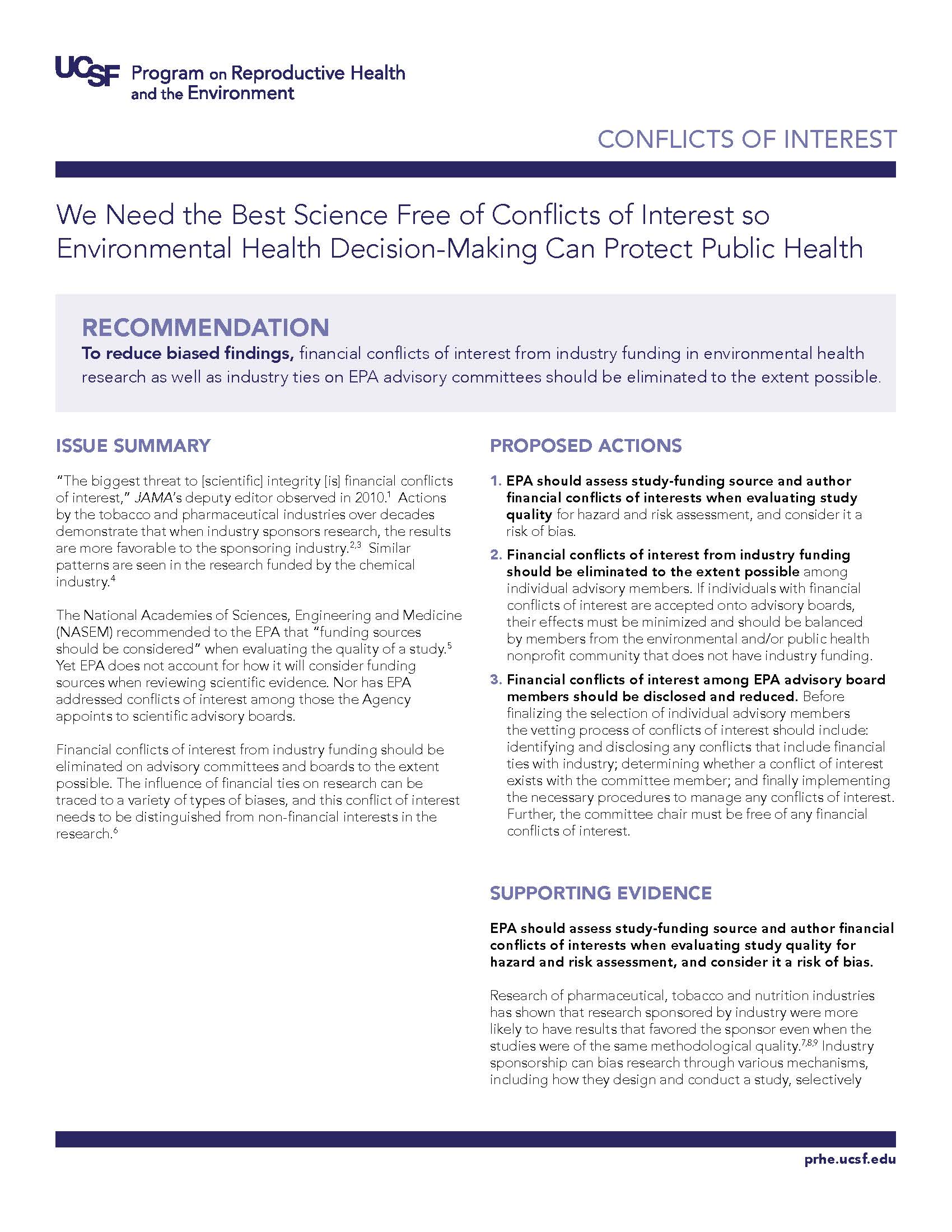 Recommendations to Administration | UCSF Program on Reproductive Health and the Environment